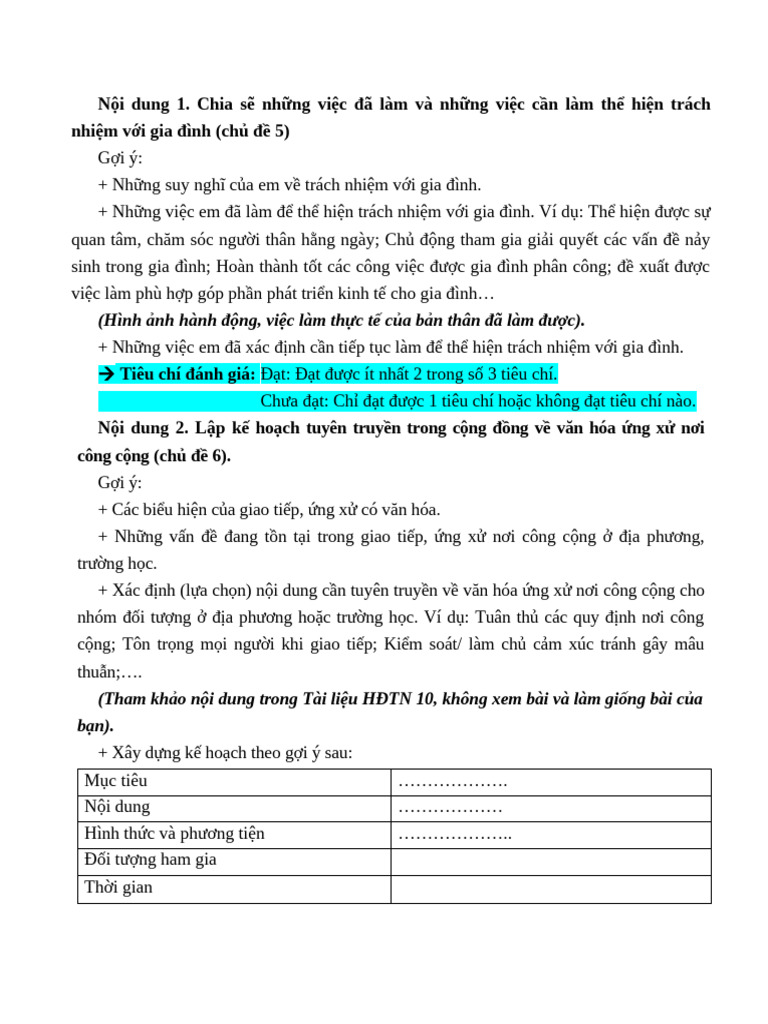 Nội Dung Và Tiêu Chí Đánh Giá KTCK 1 HĐTN 10-24-25 | PDF