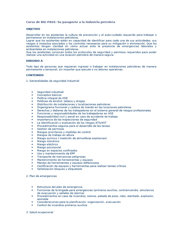 Curso RIG PASS: Seguridad en Petróleo | PDF | Valores