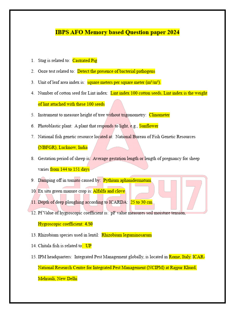 IBPS SO AFO Mains Question Paper 2024 PDF - 2488 | PDF | Agriculture | Botany