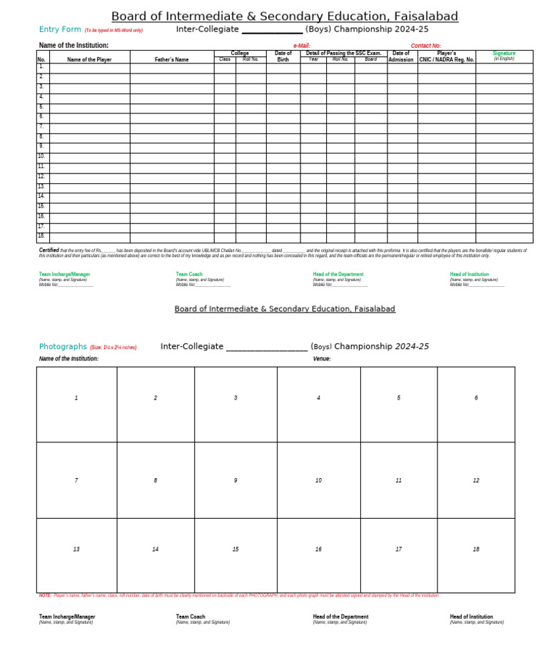 Entry Form For IC Boys (Other Games) | PDF