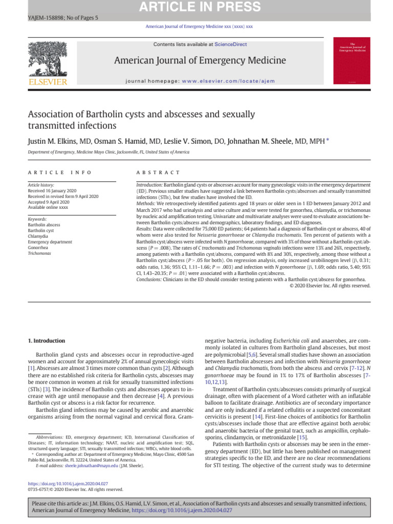 Association of Bartholin cysts and abscesses and sexually transmitted ...