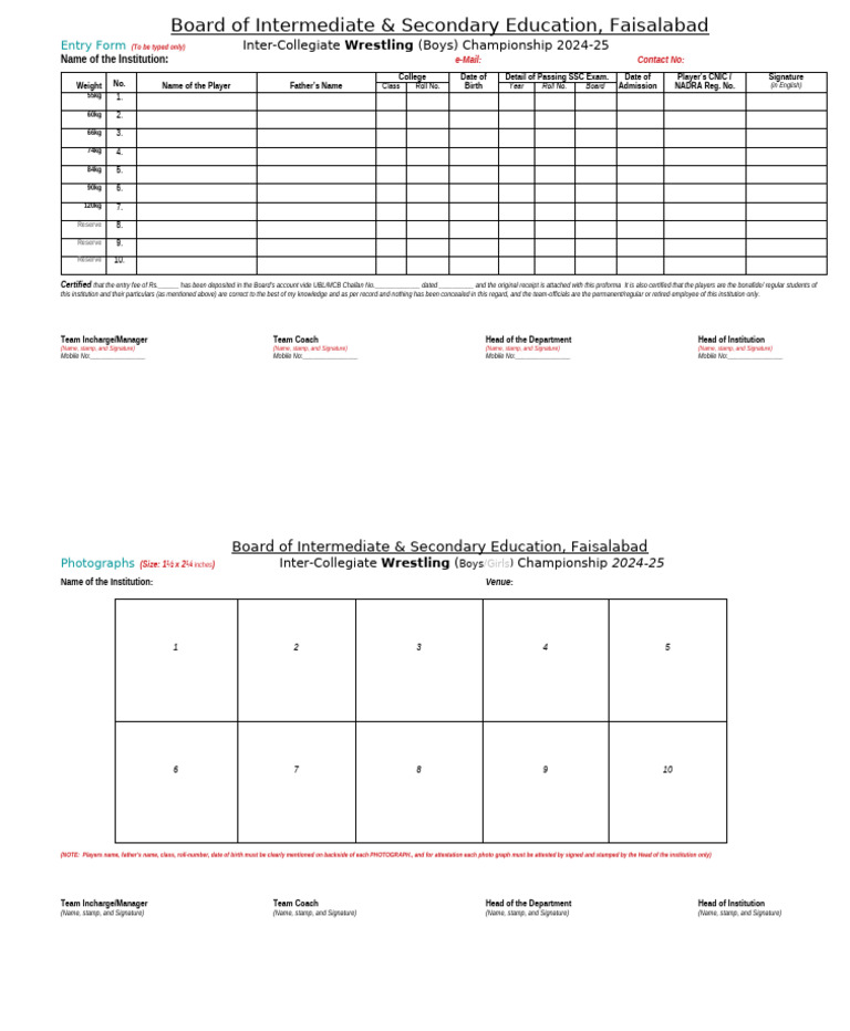 Entry Form For IC Boys (Wrestling) | PDF | Educational Stages