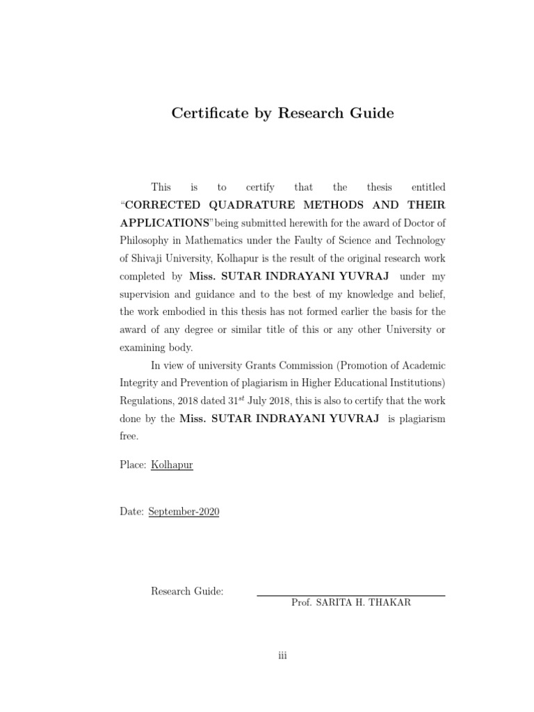 Certificate for PhD Thesis in Mathematics | PDF