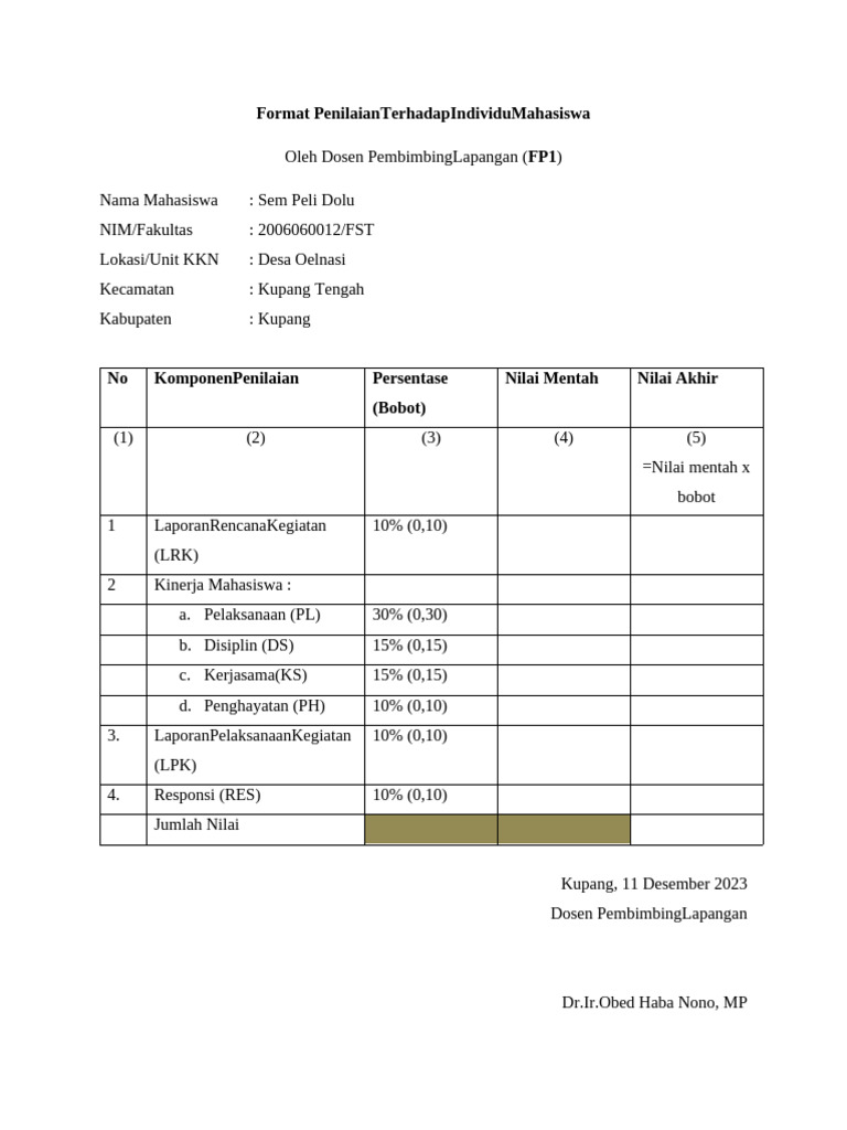 Format Nilai FP1 | PDF