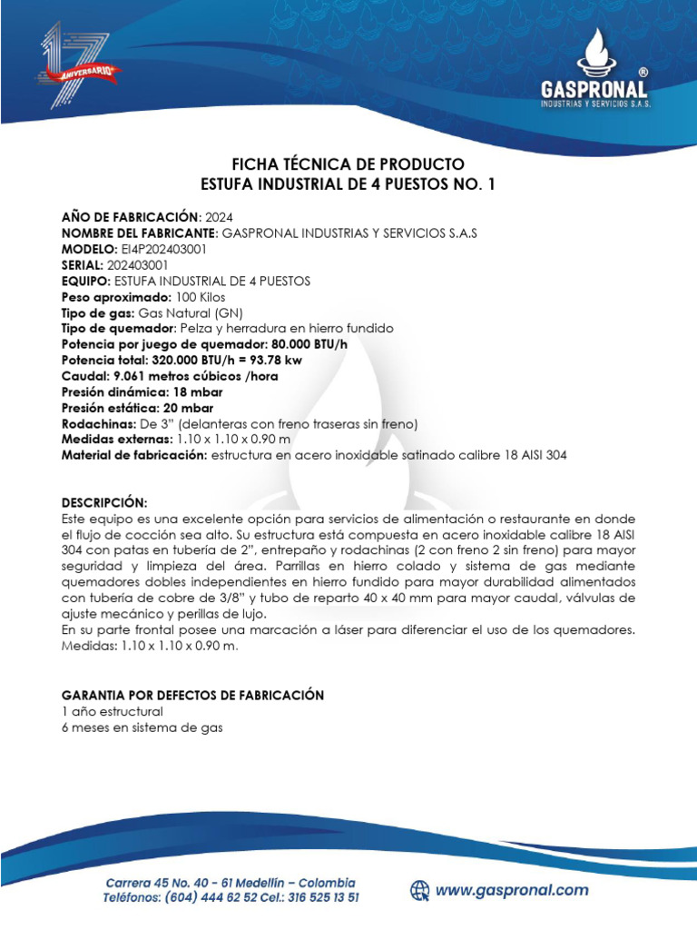 Ficha Técnica Estufa de 4 Puestos No. 1 | PDF | Acero | Gases