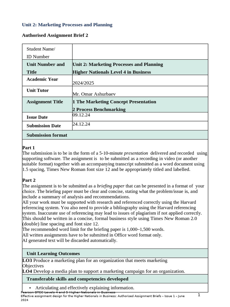 Unit 2 Marketing Processes and Planning AAB 2 | PDF | Marketing ...