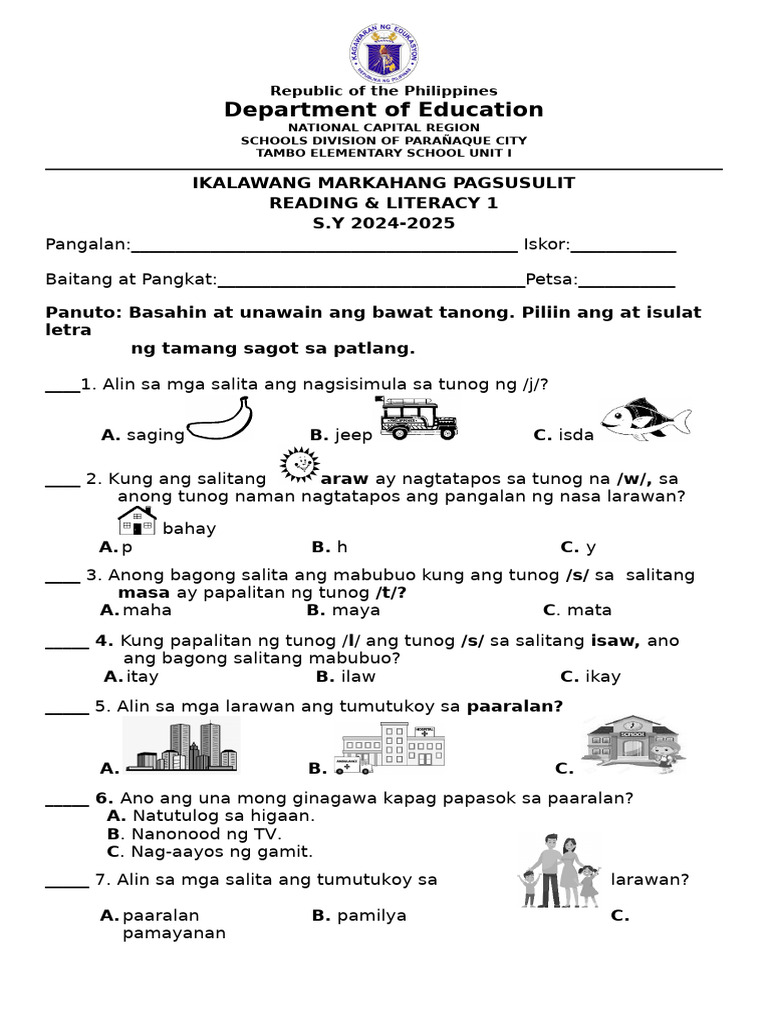 Reading & Literacy 1 - 2nd P.test - Sy 2024 2025 With Tos Final | PDF