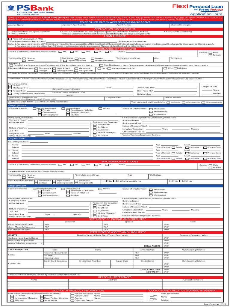 PSBank Flexi Personal Loan Form | PDF | Credit Card | Banks
