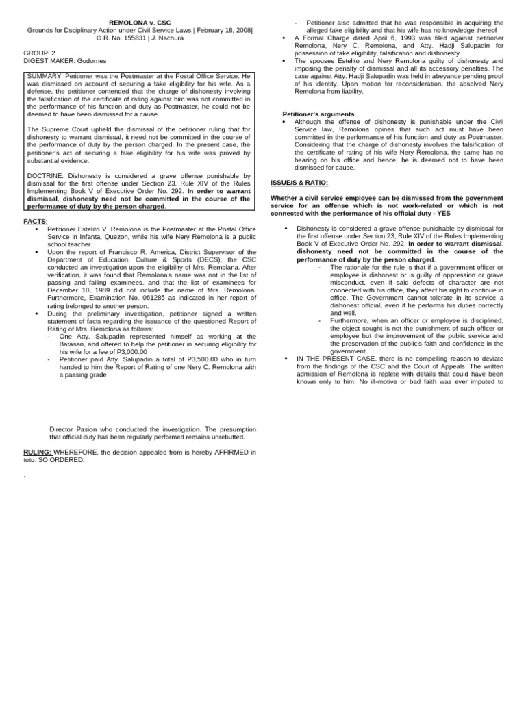 58. Remolona v. CSC | PDF | Law Of The United States | Common Law