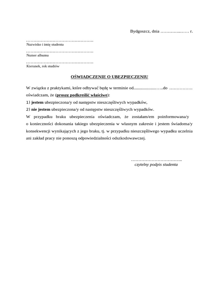 Oświadczenie Studenta o Ubezpieczeniu | PDF