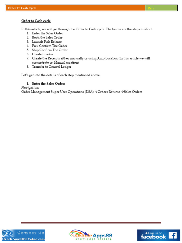 Oracle Order To Cash Cycle | PDF | Receipt | Software