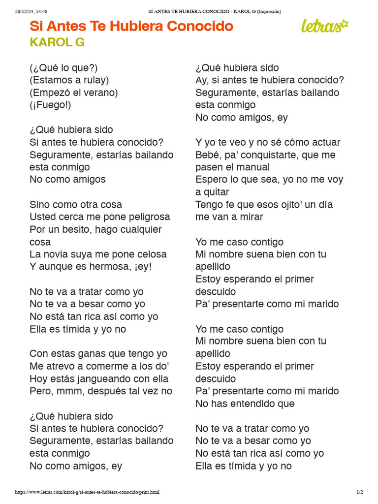 SI ANTES TE HUBIERA CONOCIDO - KAROL G (Impresión) | PDF