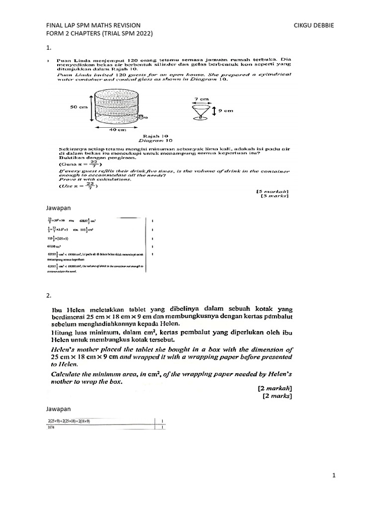 Final Lap F5 Maths Revision Form 2 Trial SPM 2022 | PDF