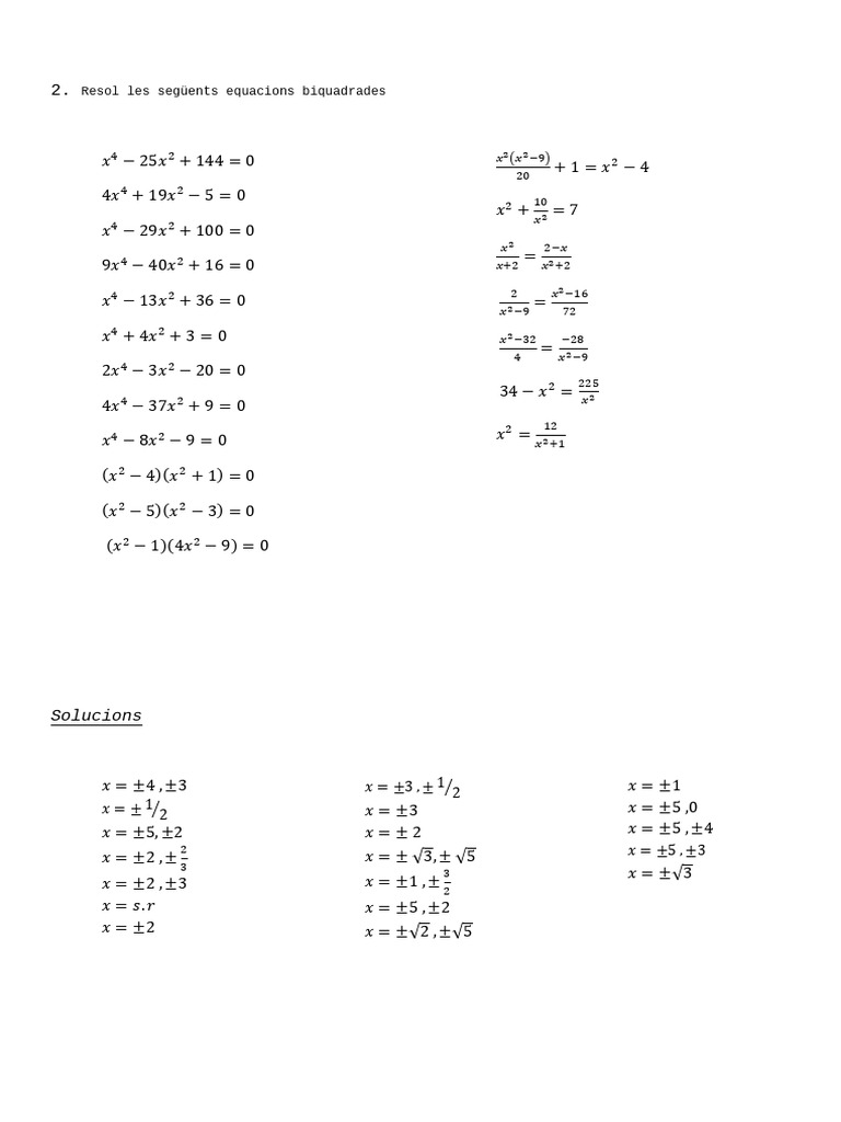 Fitxa Equacions BIQUADRADES | PDF