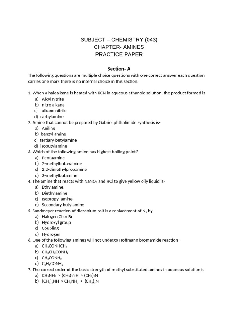 Chemistry Practice Paper on Amines | PDF | Amine | Chemical Compounds
