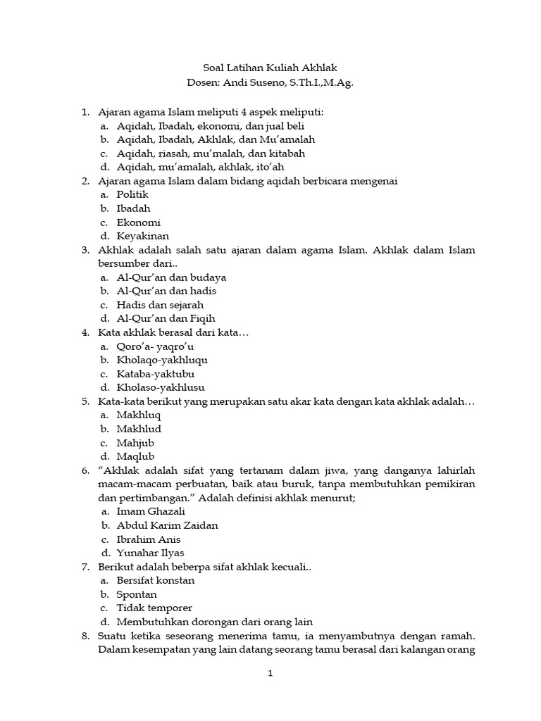 SOAL Latihan Multiple Choice Kuliah Akhlak 24 | PDF