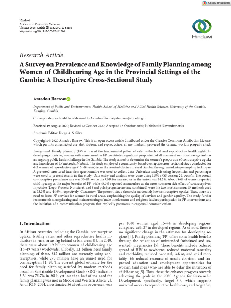 Advances in Preventive Medicine - 2020 - Barrow - A Survey on ...