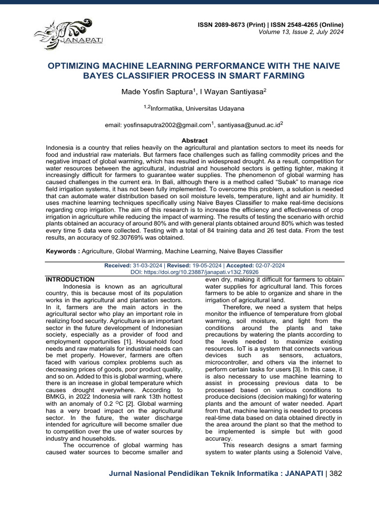 OPTIMIZING MACHINE LEARNING PERFORMANCE WITH THE NAIVE BAYES CLASSIFIER PROCESS IN SMART FARMING ...