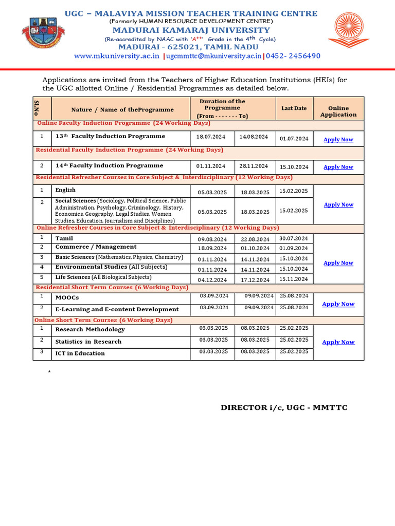 UGC MMTTC MKU Schedule 2024-25 & Application | PDF | Science