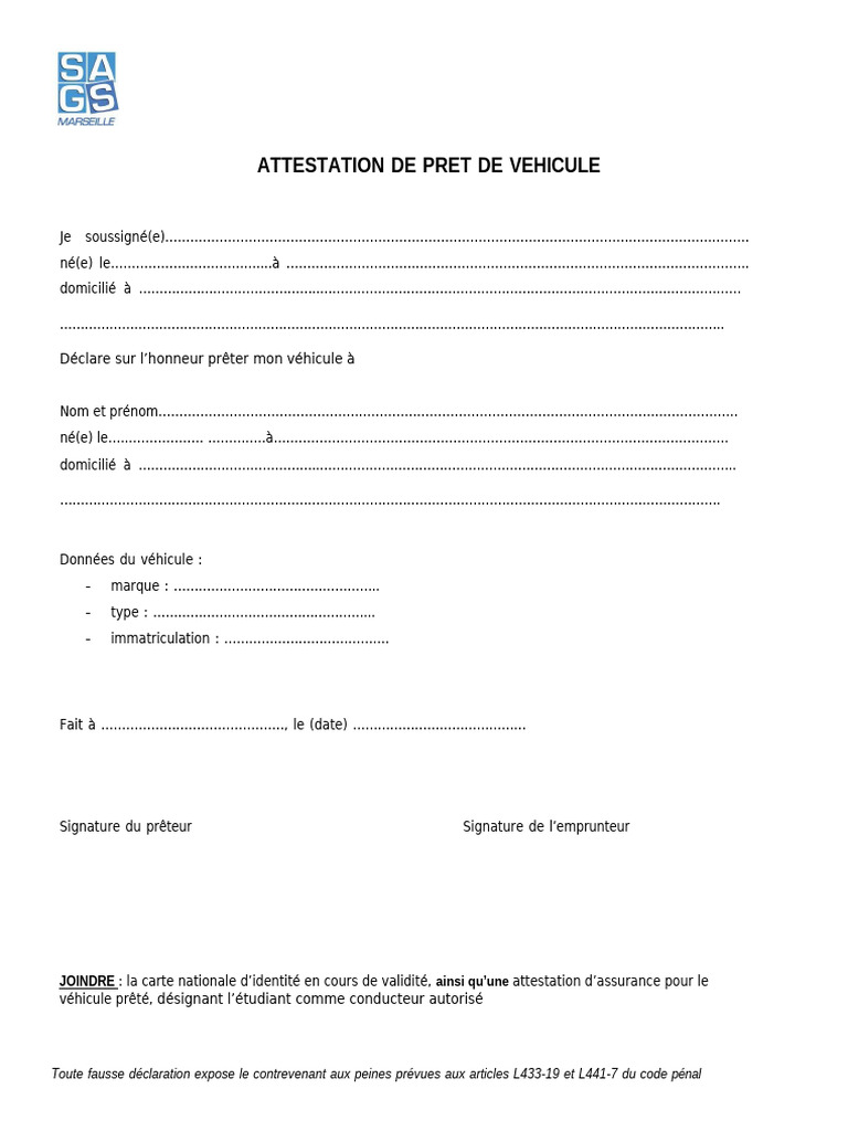 Attestation De Pret De Vehicule Entre Particulier