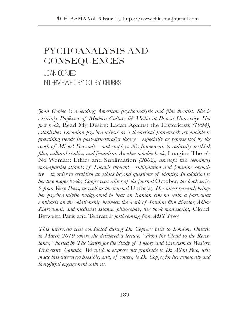 Interview with Joan Copjec by Colby Chubbs | PDF | Jacques Lacan ...