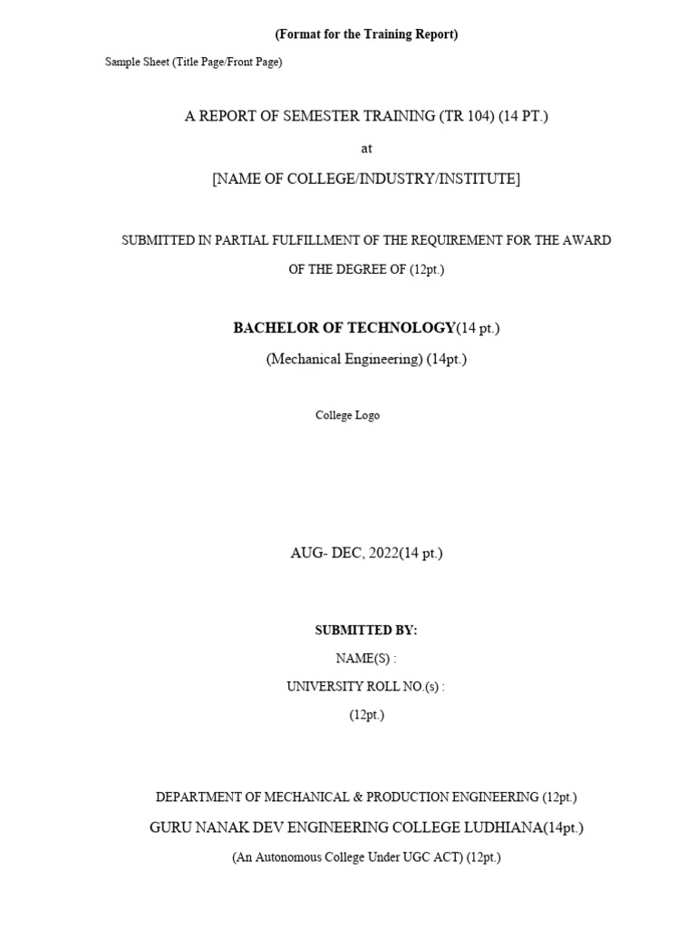 Semester Training (TR 104) Report Format | PDF | Times New Roman | Thesis