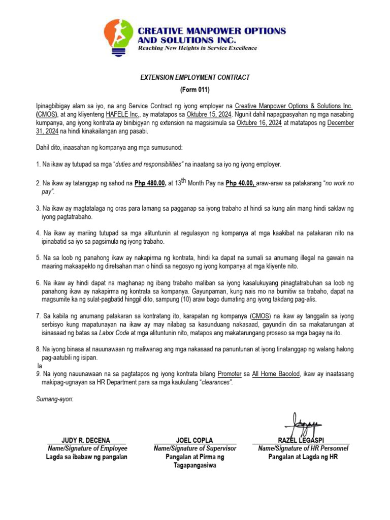 HAFELE-EC - Form 011 (Extension Employment Contract) - JUDY R. DECENA | PDF