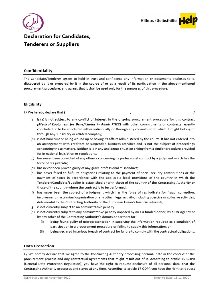 GEN 2-3 Declaration For Tenderers Candidates and Suppliers November ...