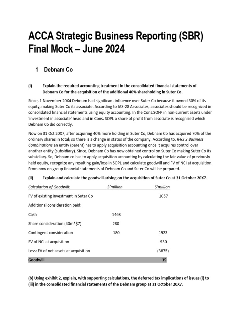 ACCA SBR Mock Exam Analysis 2024 | PDF | Deferred Tax | Goodwill ...