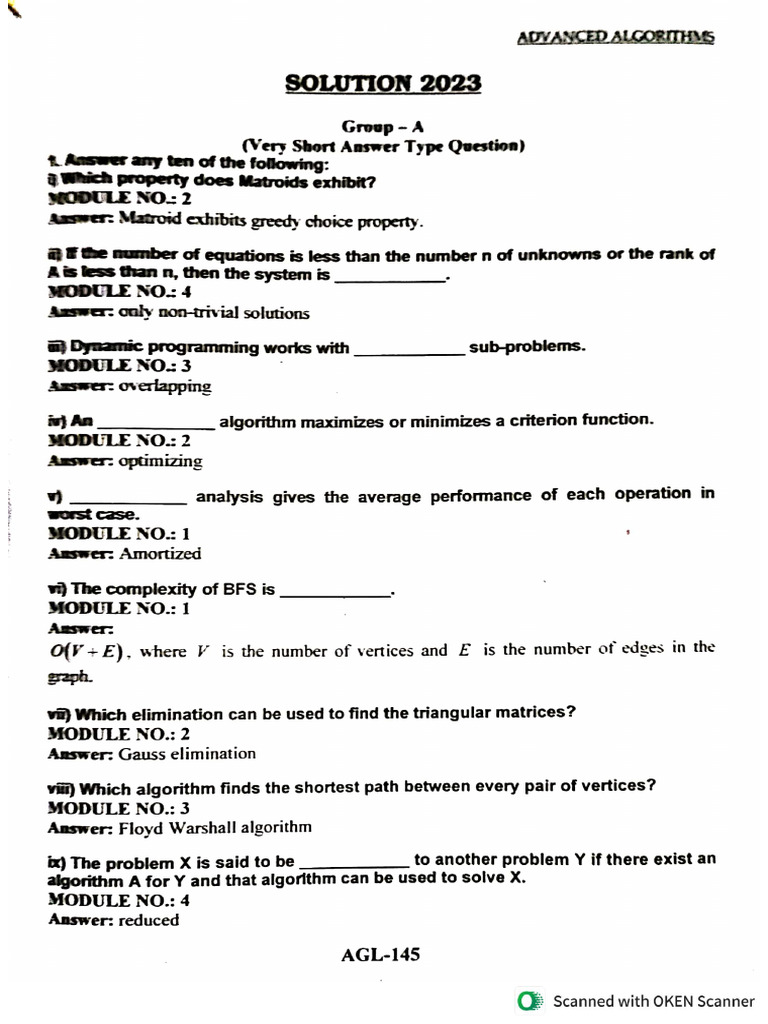 Advanced Algorithms 2023 Question Paper With Solutions | PDF