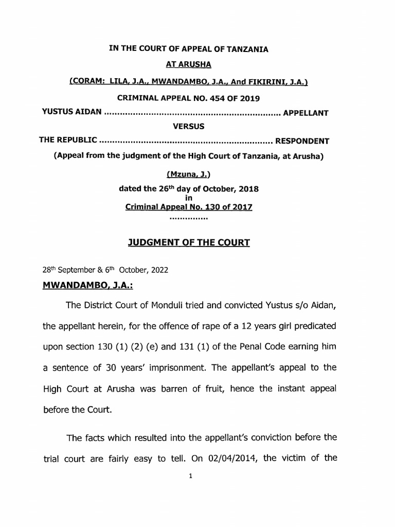 Tanzania Court Appeal: Yustus Aidan Rape Case | PDF | Appeal | Prosecutor