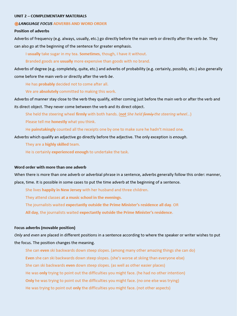 unit_2_complementary_materials | PDF | Adverb | Verb