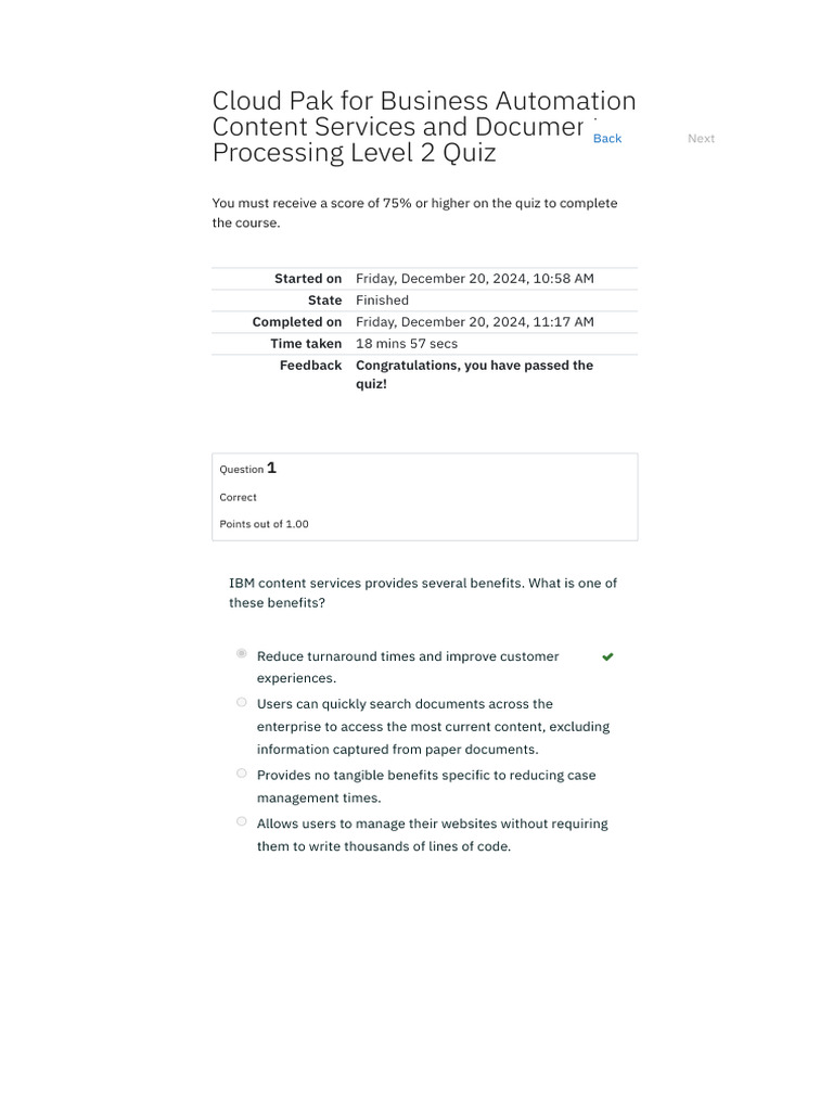 Cloud Pak For Business Automation Content Services and Document Processing Level 2 Quiz ...