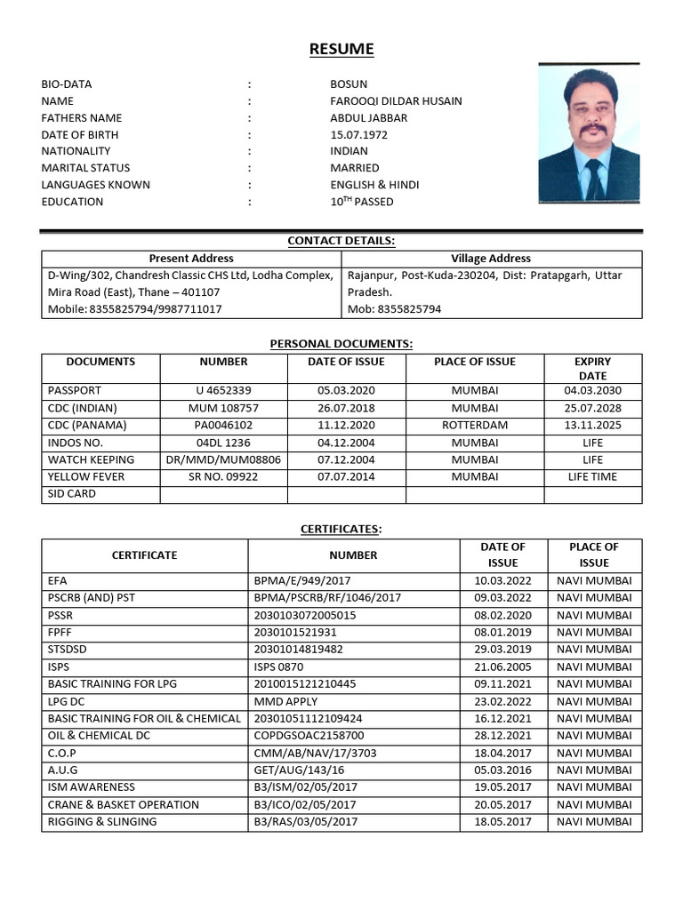 Resume Dildar Husain 01 | PDF | Fuel Gas | Ships
