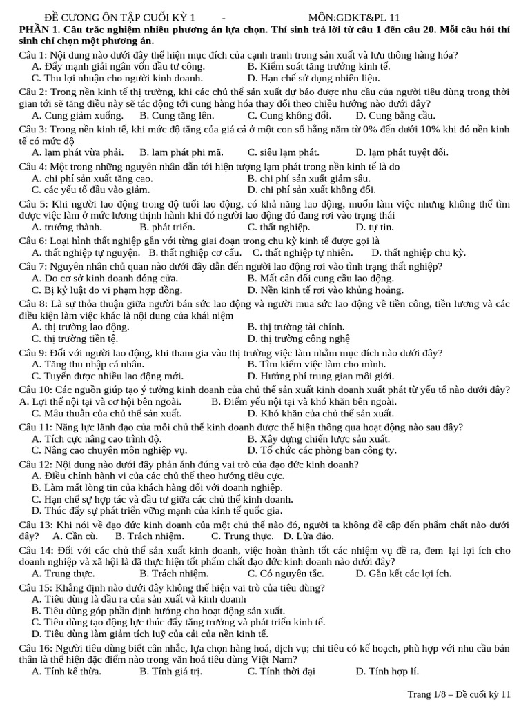 ĐỀ CƯƠNG KT& PL .CK1-11-HS | PDF