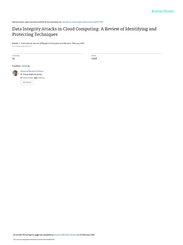 Ijrpr2704 Data Integrity Attacks in Cloud Computing | PDF | Cloud Computing | Security