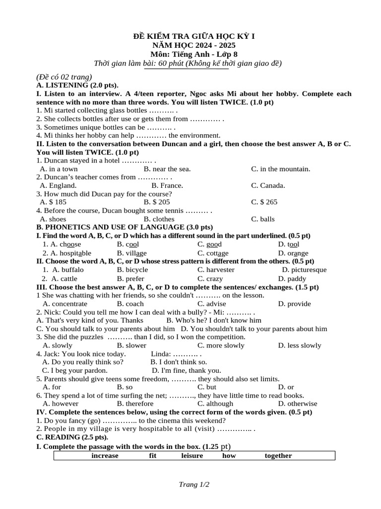 Đề Anh 8 GKI 2024-2025 | PDF | Linguistics