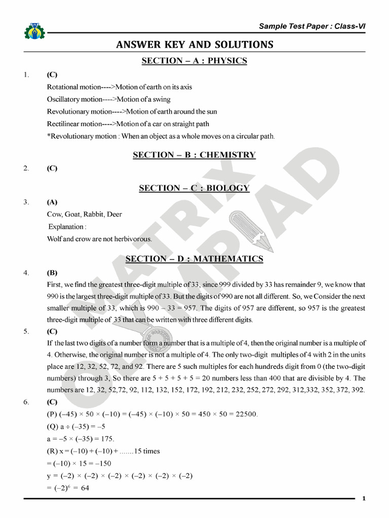 Samplepaper Solution Class 6th | PDF