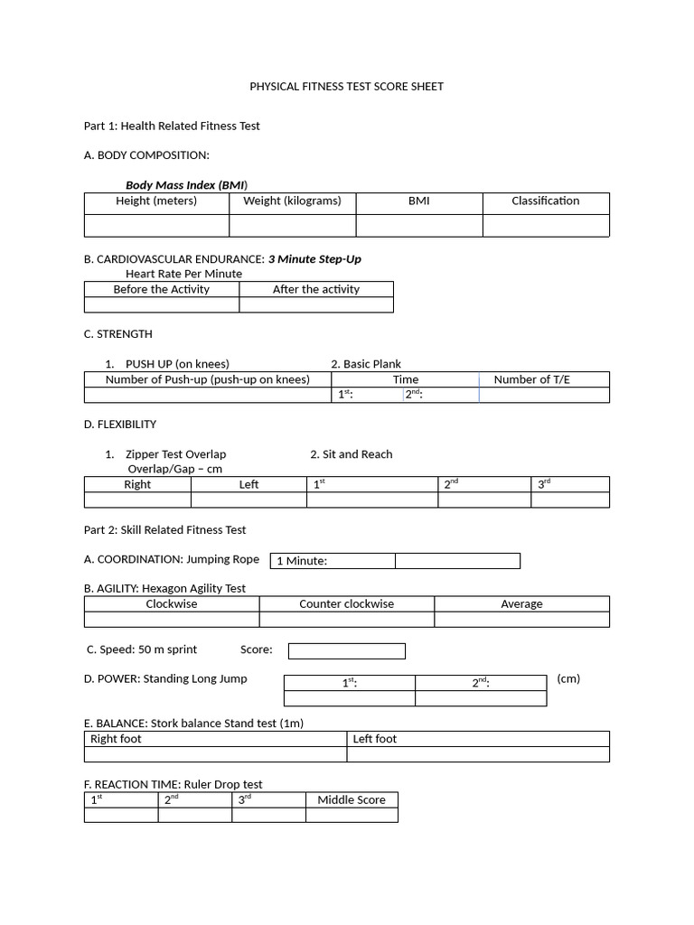 Physical Fitness Test Score Sheet 1 | PDF