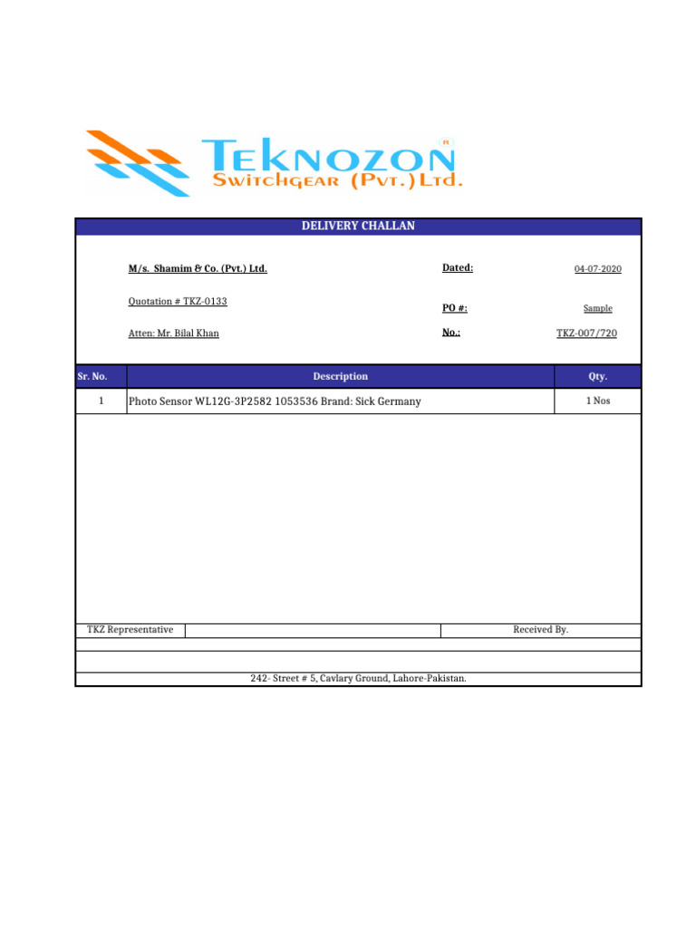 Delivery Challan for Photo Sensor Order | PDF