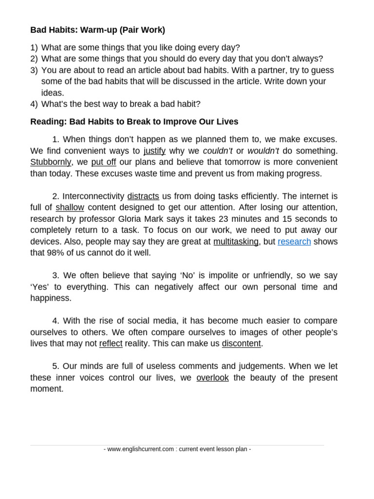 Bad Habits Lesson Intermediate27092020 | PDF | Cognition | Cognitive ...