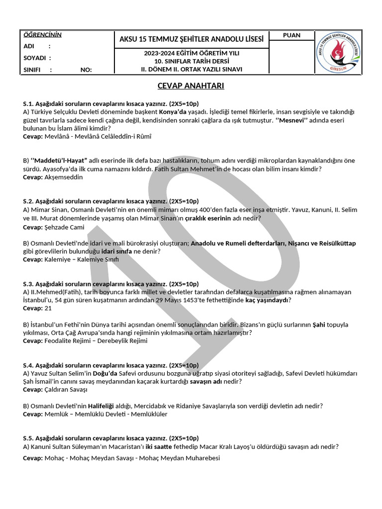 10.Sinif 2.Dönem 2.Yazili Cevap Anahtari | PDF