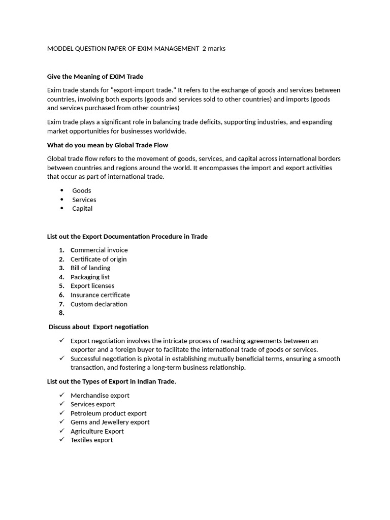 Moddel Question Paper of Exim Management | PDF | Letter Of Credit | Customs