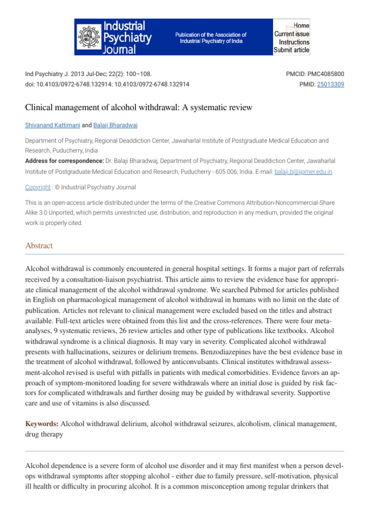 Clinical Management of Alcohol Withdrawal A Systematic Review - PMC ...