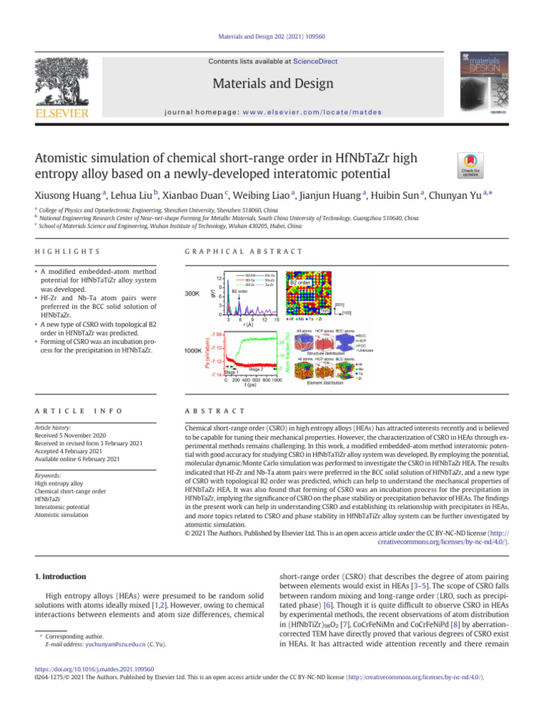 Atomistic Simulation of Chemical Short-Range Order in HfNbTaZr High | PDF | Density Functional ...