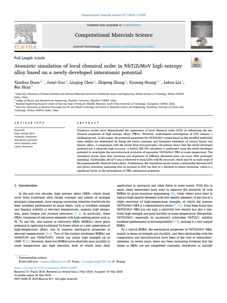 Atomistic Simulation of Local Chemical Order in NbTiZrMoV High Entropy | PDF | Density ...