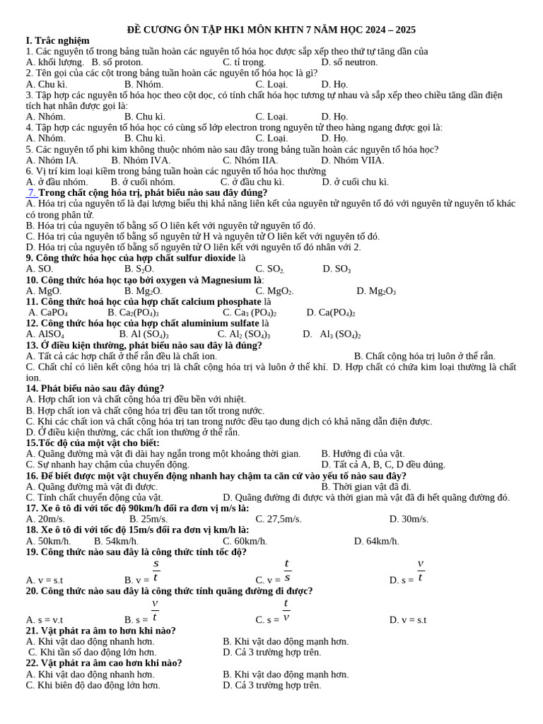 Đề Cương HK1 Môn KHTN 7 - 2024 - 2025 | PDF