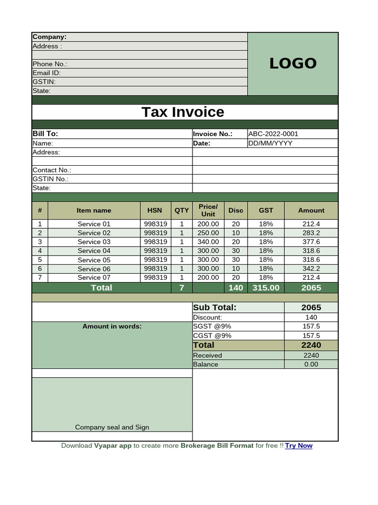 Tax Invoice Template for Brokerage Services | PDF