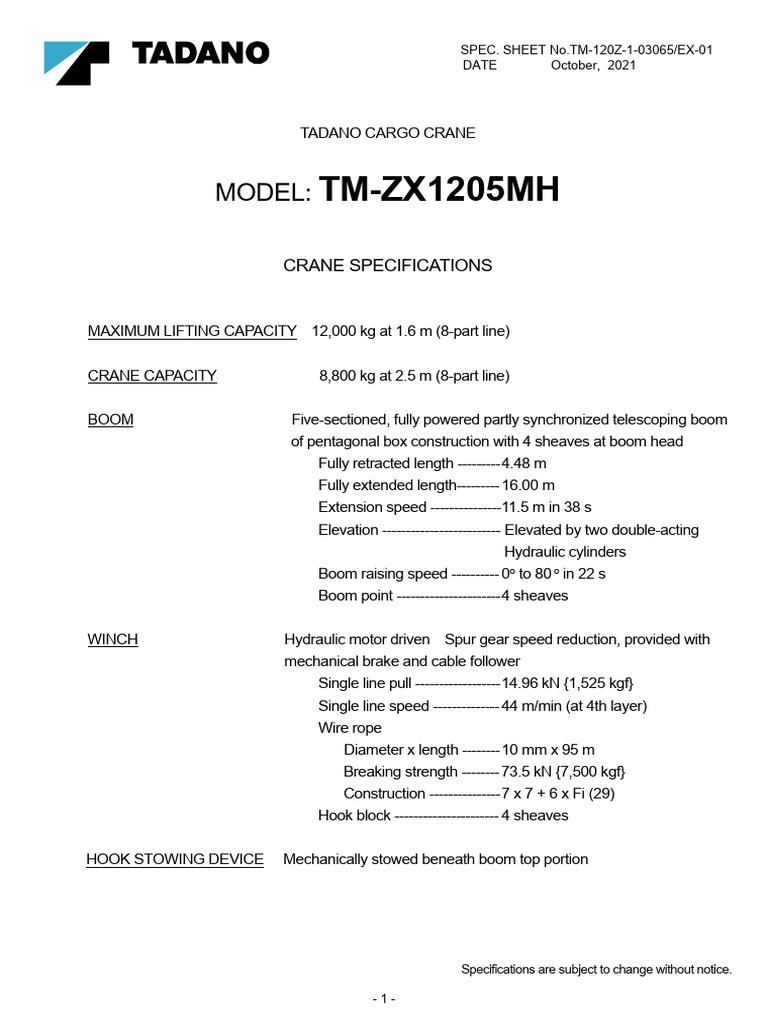 TADANO TM-ZX1205MH Cargo Crane Specs | PDF | Crane (Machine) | Motor ...