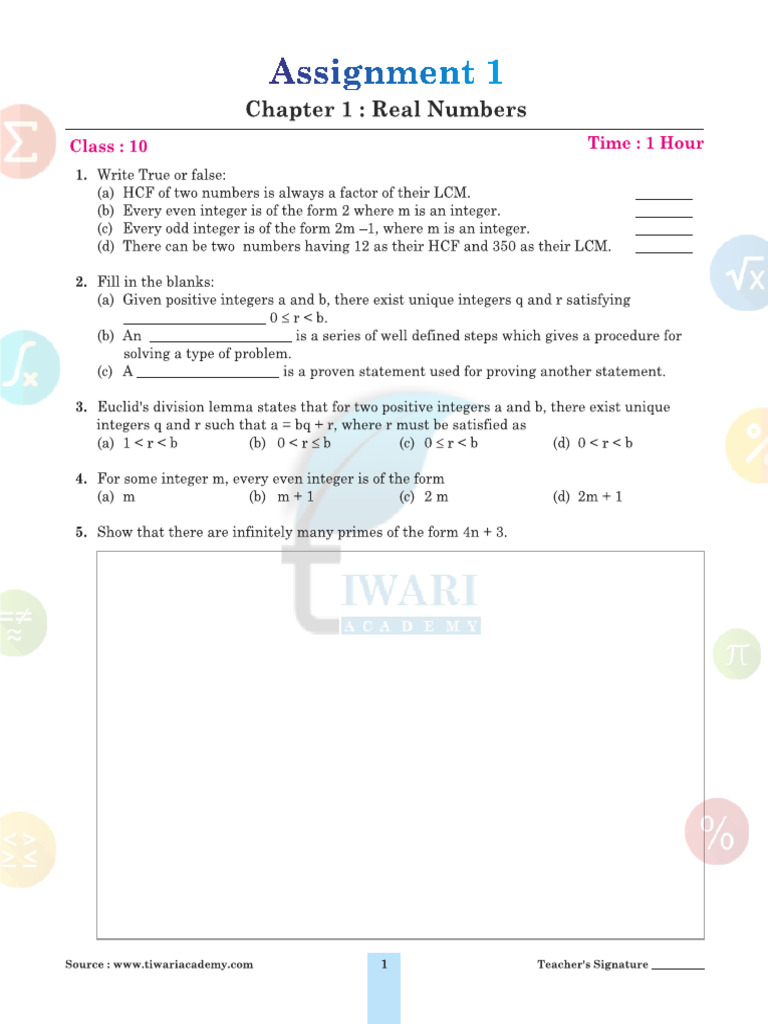 Class 10 Maths Chapter 1 Assignment 1 | PDF